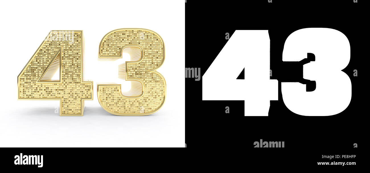 Golden number forty three (number 43) on white background with drop ...