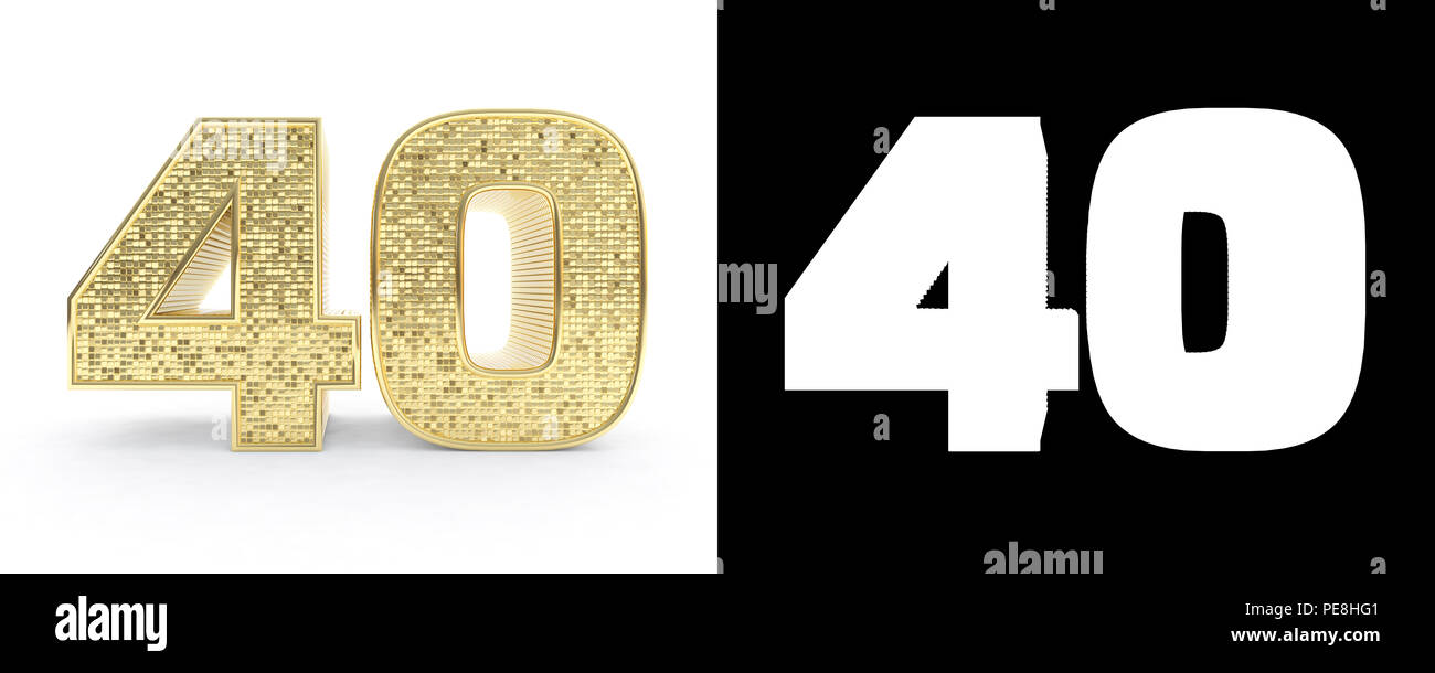 Golden number forty (number 40) on white background with drop shadow ...