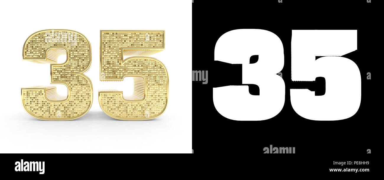 Golden number thirty five (number 35) on white background with drop ...