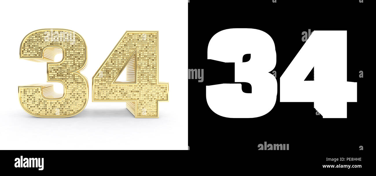 Golden number thirty four (number 34) on white background with drop ...