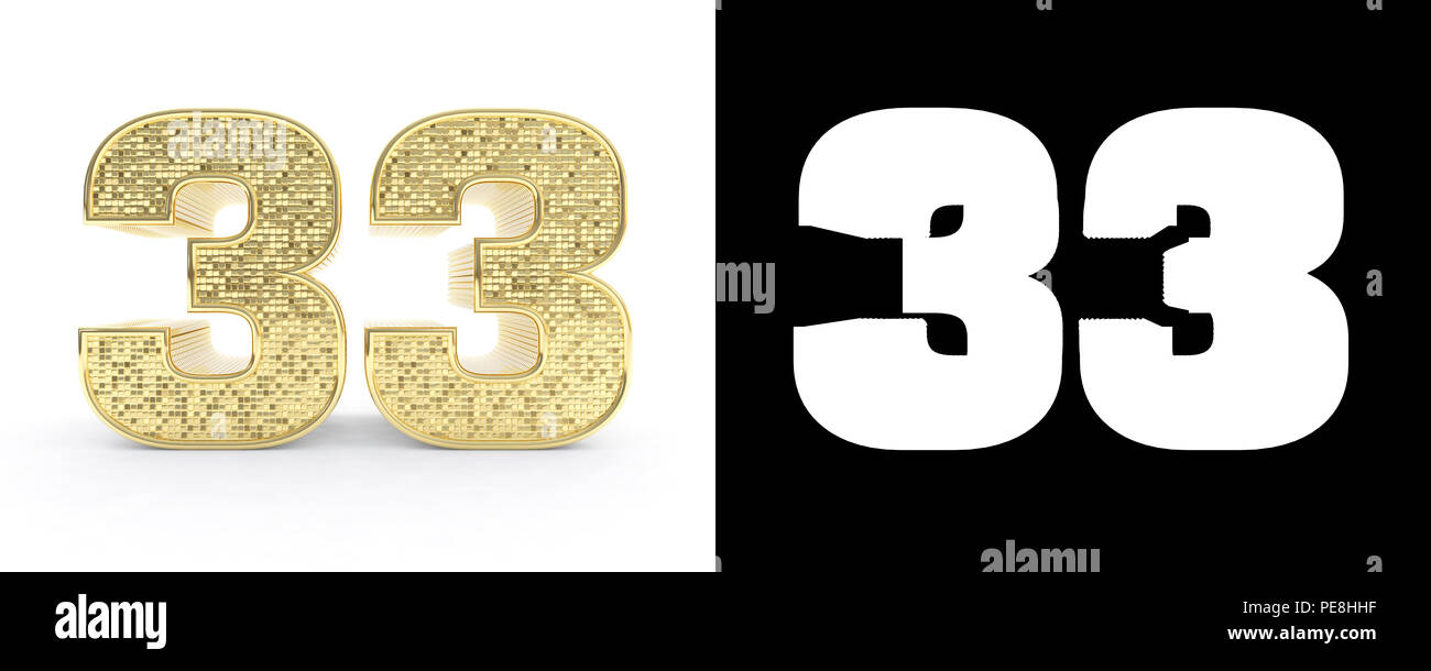 Golden number thirty three (number 33) on white background with drop ...