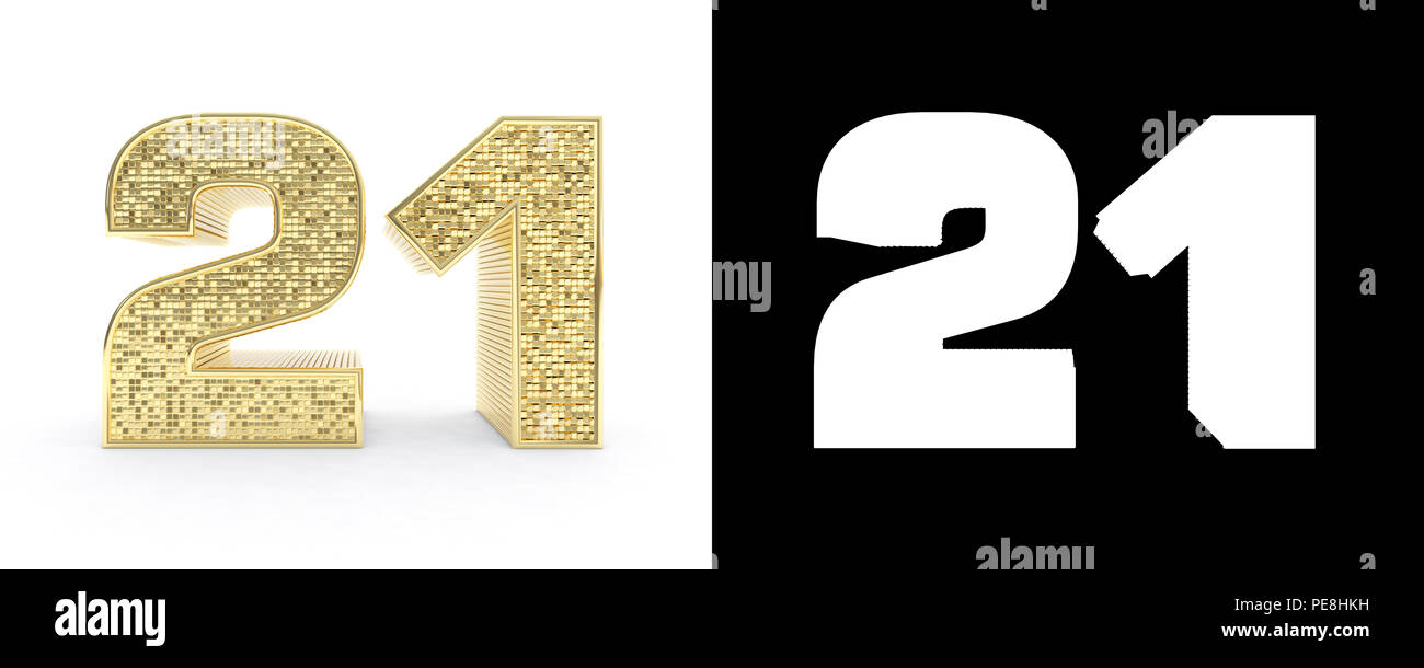 Golden number twenty one (number 21) on white background with drop ...