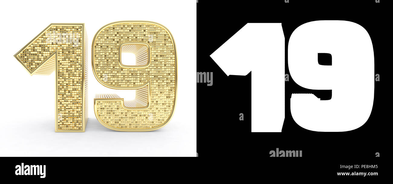Golden number nineteen (number 19) on white background with drop shadow ...