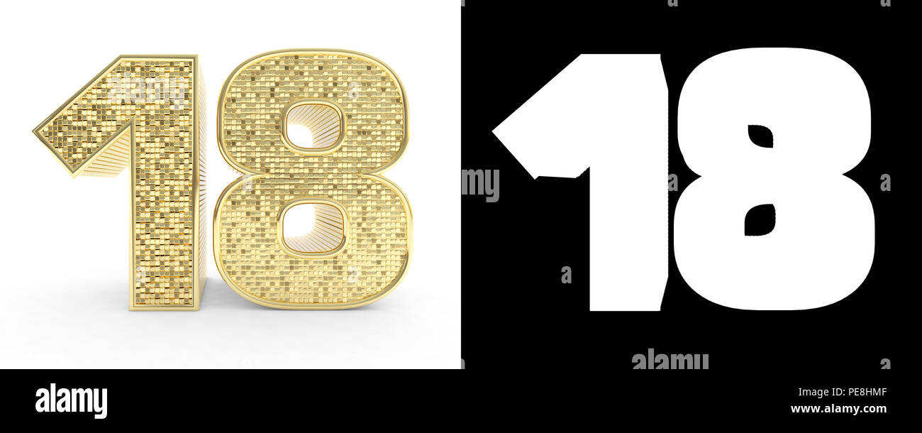 Golden number eighteen (number 18) on white background with drop shadow ...