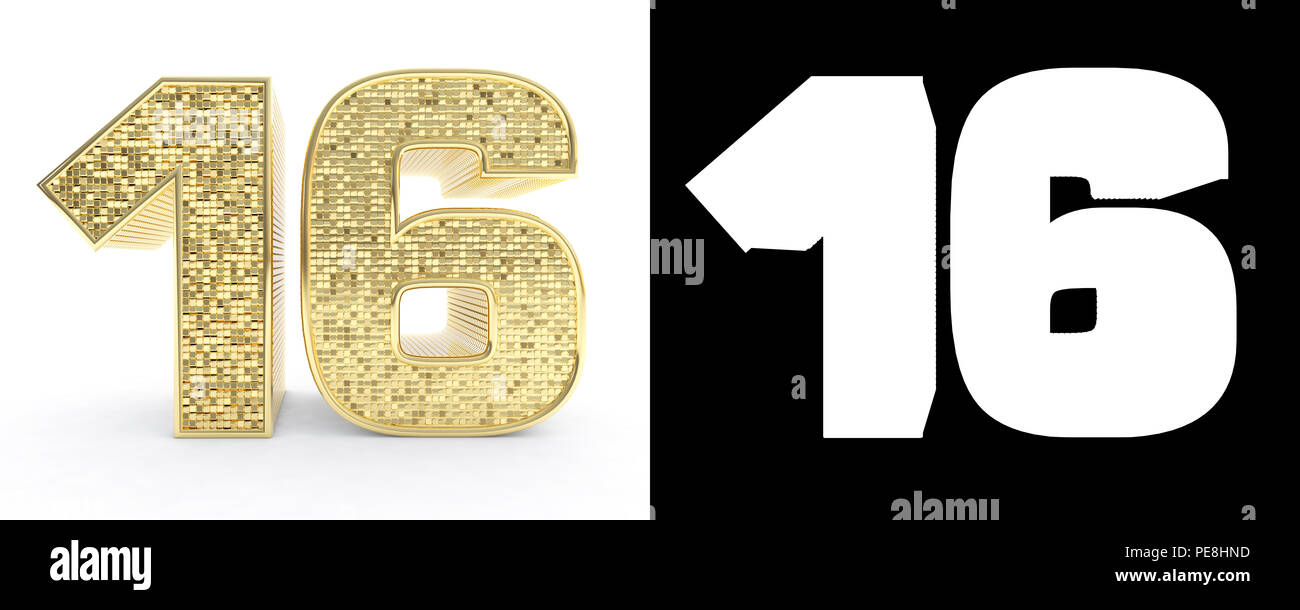 Golden number sixteen (number 16) on white background with drop shadow ...