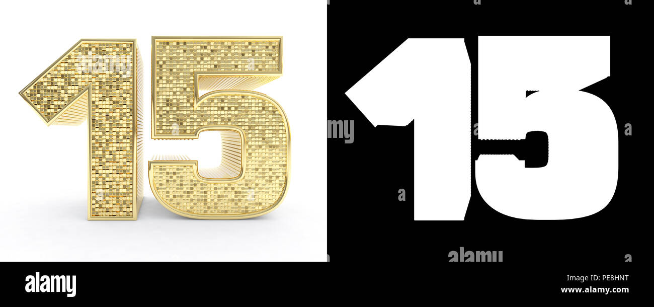 Golden number fifteen (number 15) on white background with drop shadow ...