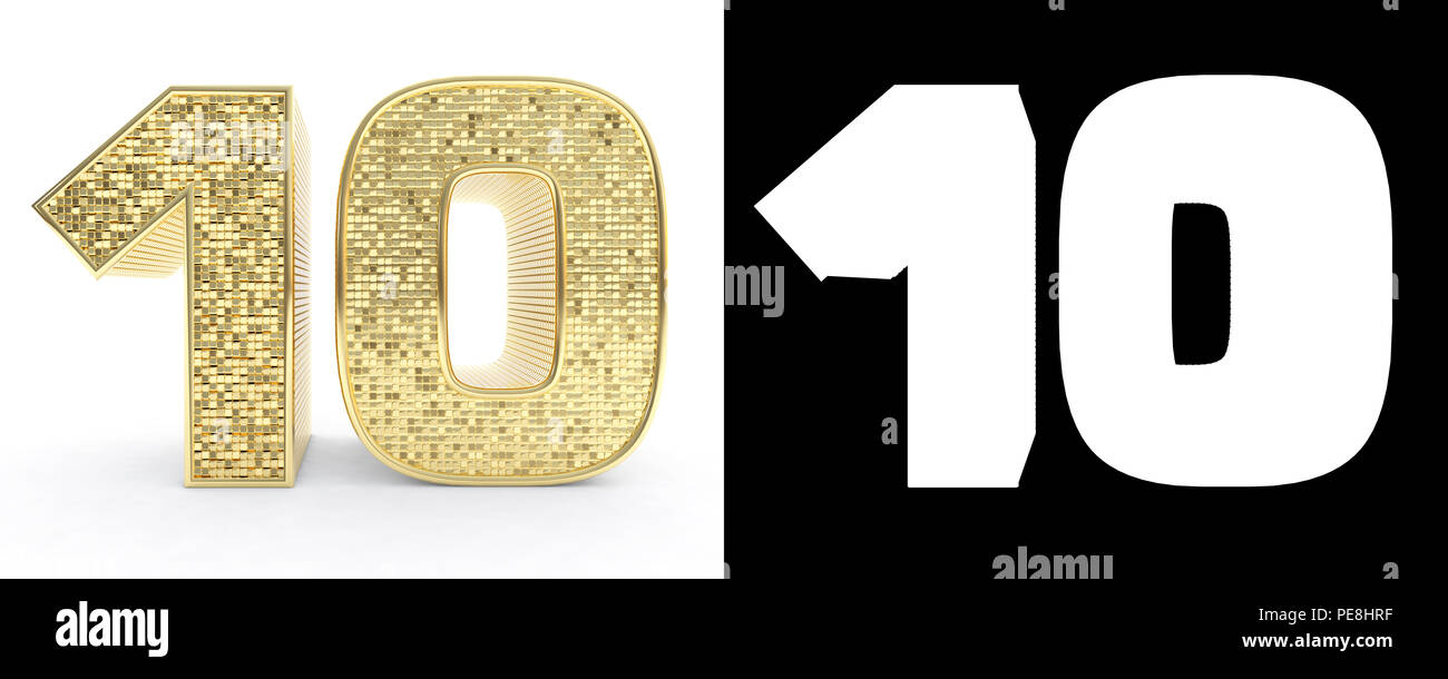 Golden number ten (number 10) on white background with drop shadow and ...