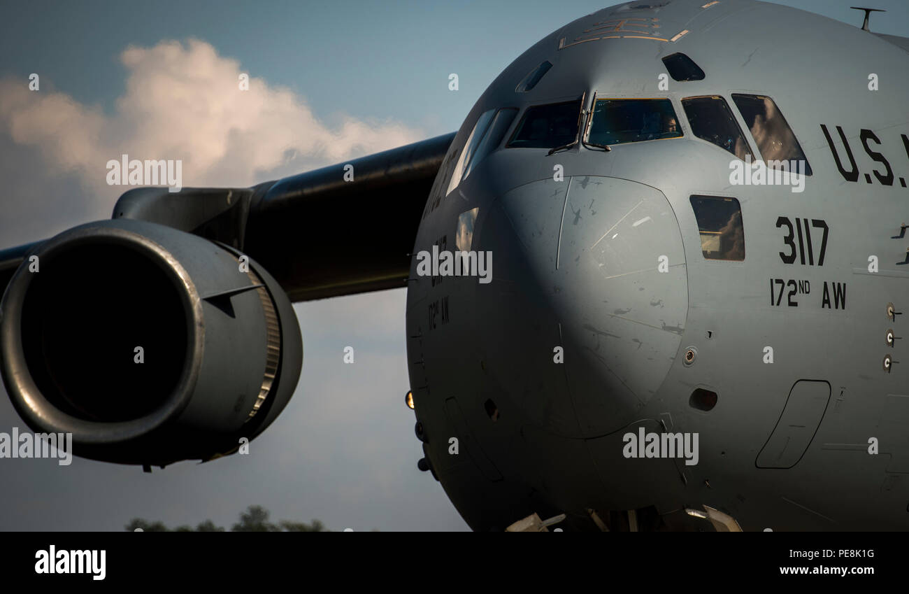A Mississippi Air National Guard 172nd Airlift Wing pilot looks out the ...