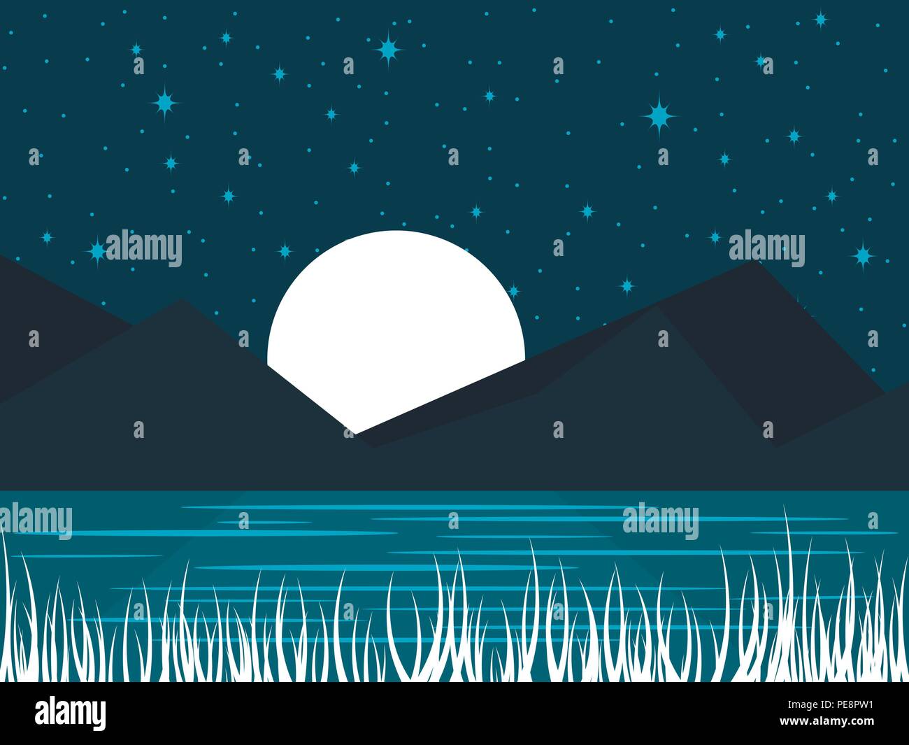 Night river landscape with a full moon. Midnight lake with moonlight ...