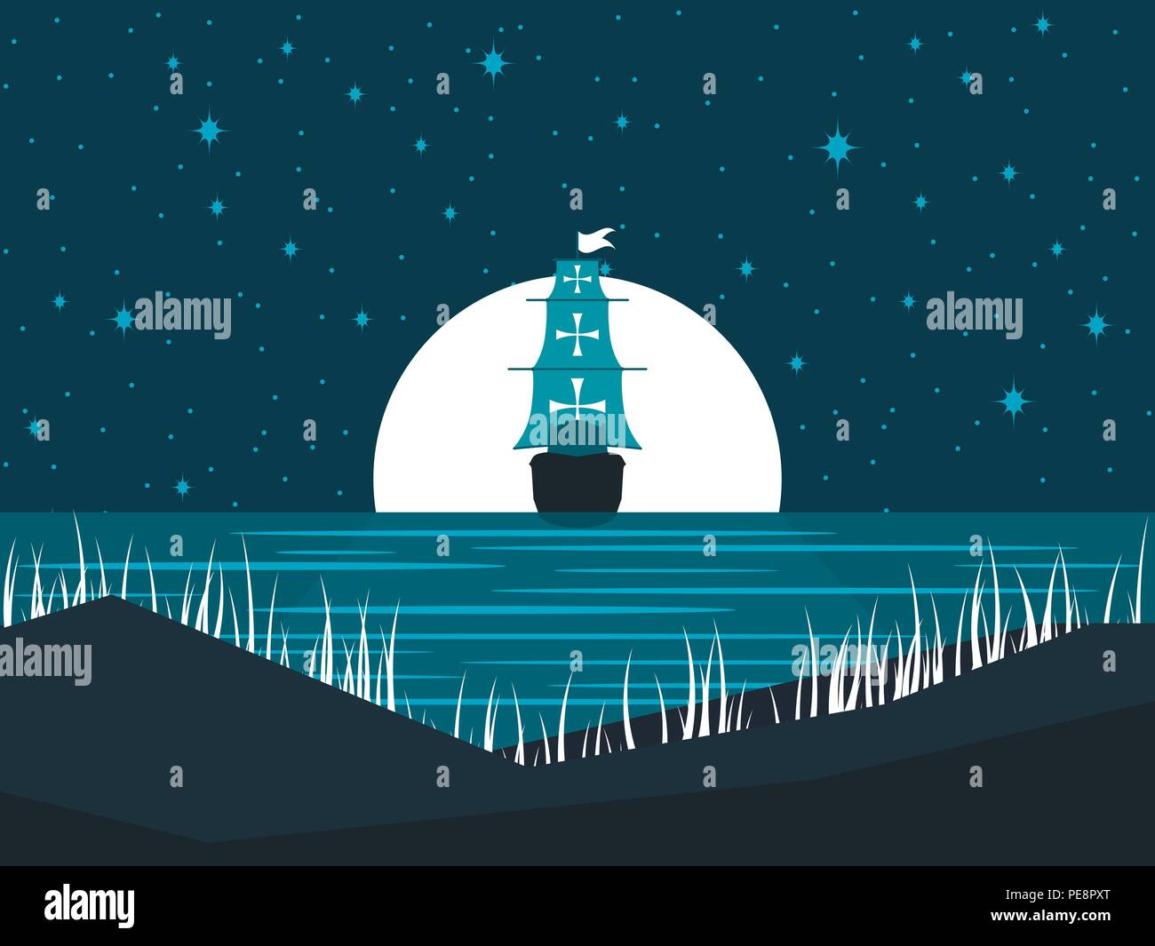 Sailing ship at night against the full moon. Moonlight on the water ...