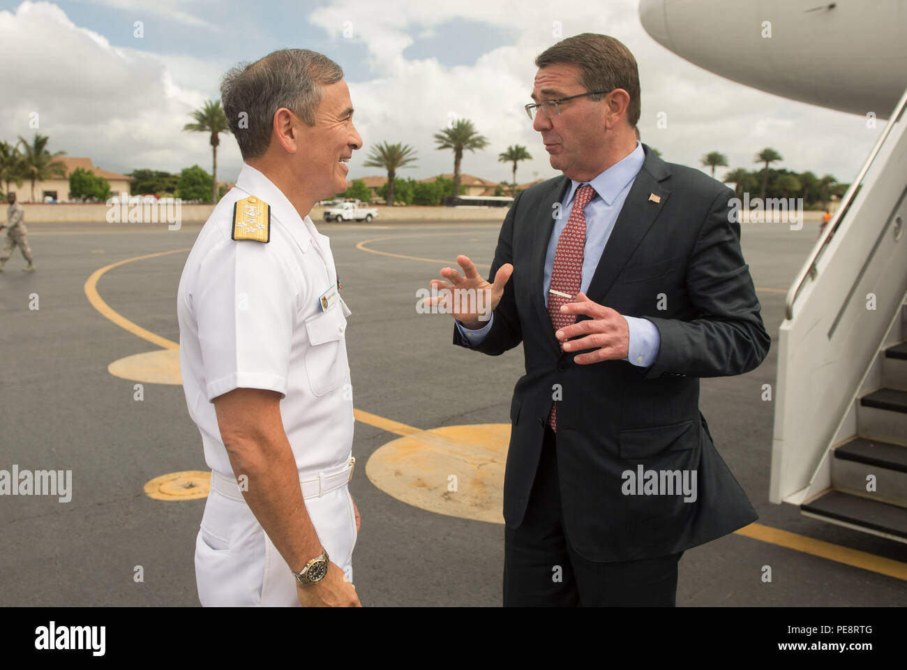 Secretary of Defense Ash Carterspeaks with Adm. Harry B. Harris, Jr., U ...