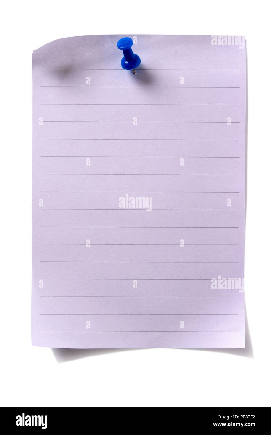 Lined paper notepad page sheet pushpin isolated white background Stock ...