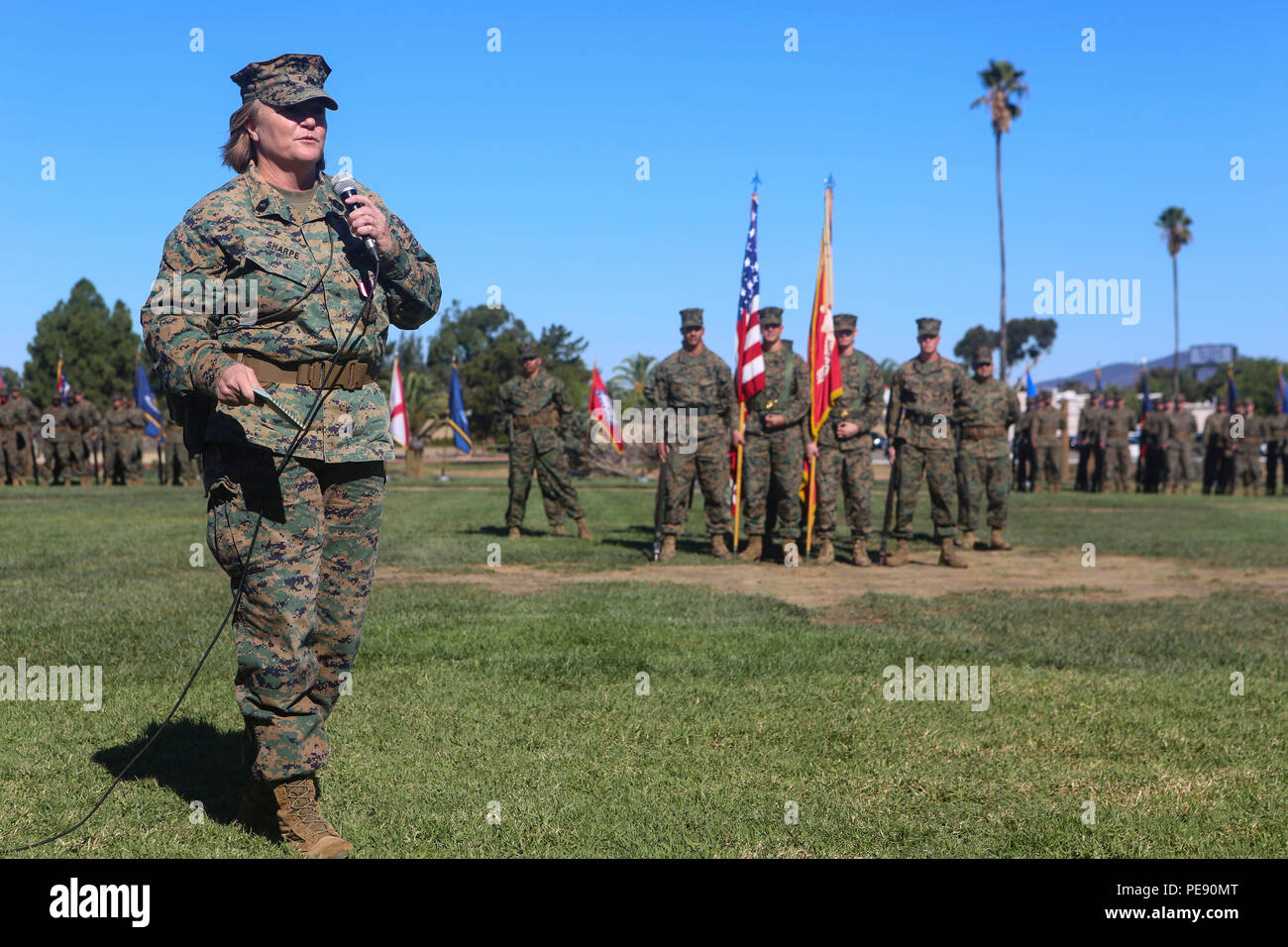 Master Gunnery Sgt. Diane Sharpe gives a speech during her retirement ...