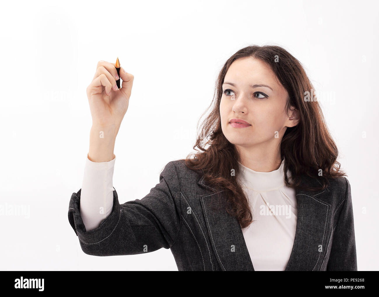 Girl pointing pen smiling hi-res stock photography and images - Alamy