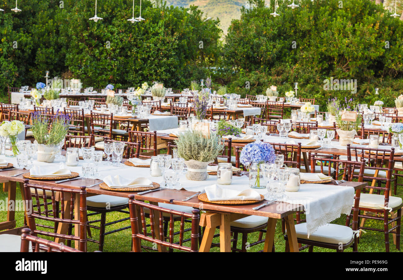 Laid tables for the gala dinner of the wedding Stock Photo - Alamy