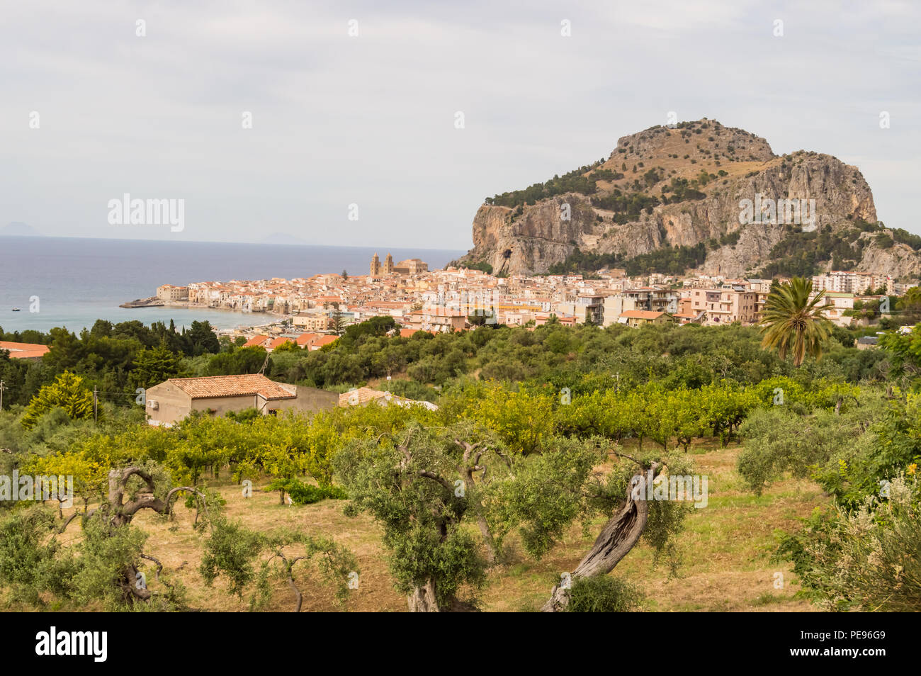 View of the city of Cefalu, its basilica and its rock in the north west ...