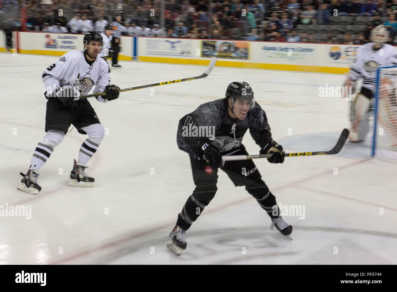 The Alaska Aces try to regain the puck from the Utah Grizzles at the ...