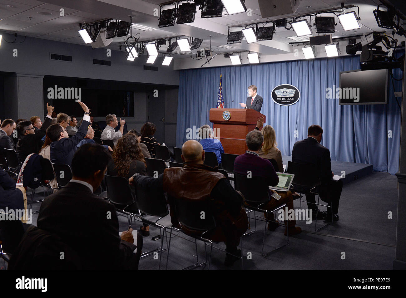 Pentagon Press Secretary Peter Cook conducts a press briefing in the ...