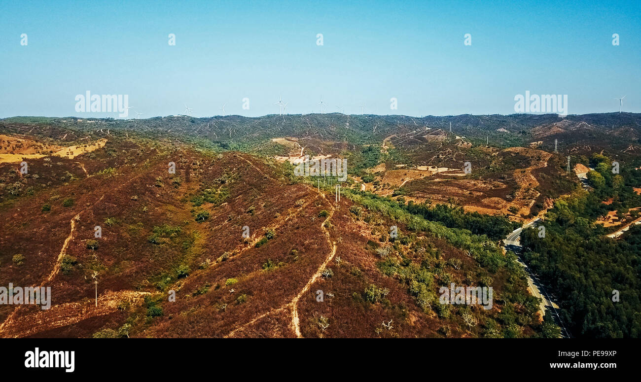 Aerial View Of Wind Turbine Park In Portugal Generating Clean Energy ...