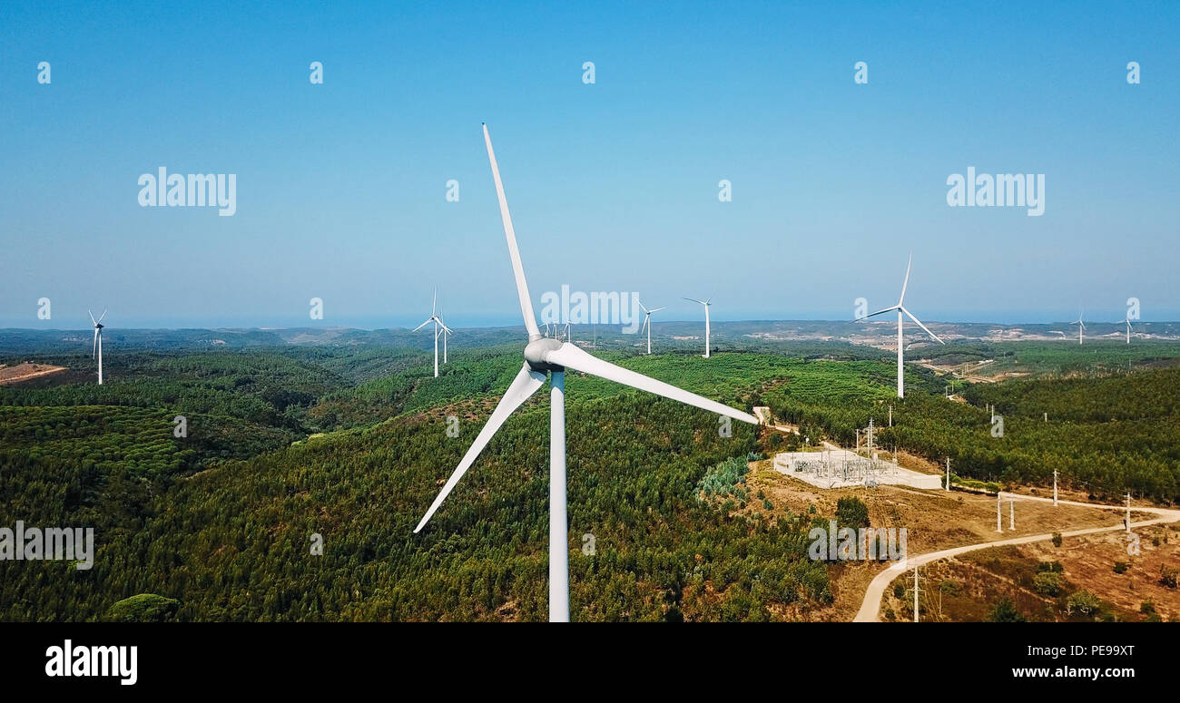Aerial View Of Wind Turbine Park In Portugal Generating Clean Energy ...