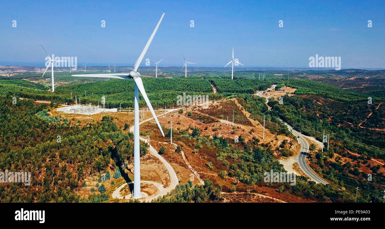 Aerial View Of Wind Turbine Park In Portugal Generating Clean Energy ...