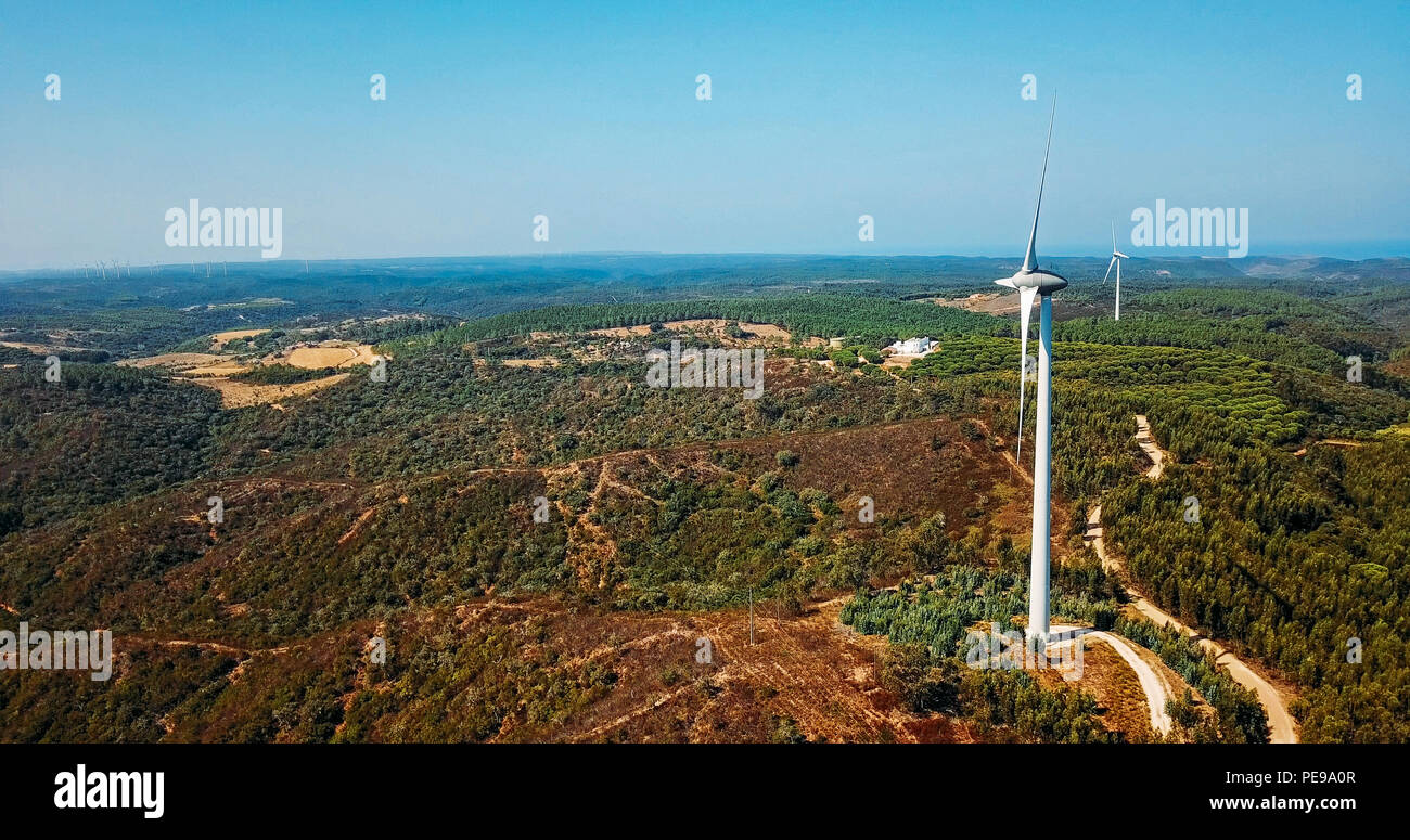 Aerial View Of Wind Turbine Park In Portugal Generating Clean Energy ...