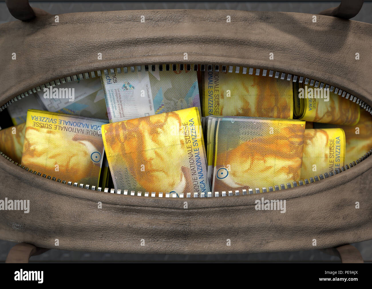 A smuggling concept depicting an open brown leather duffel bag ...