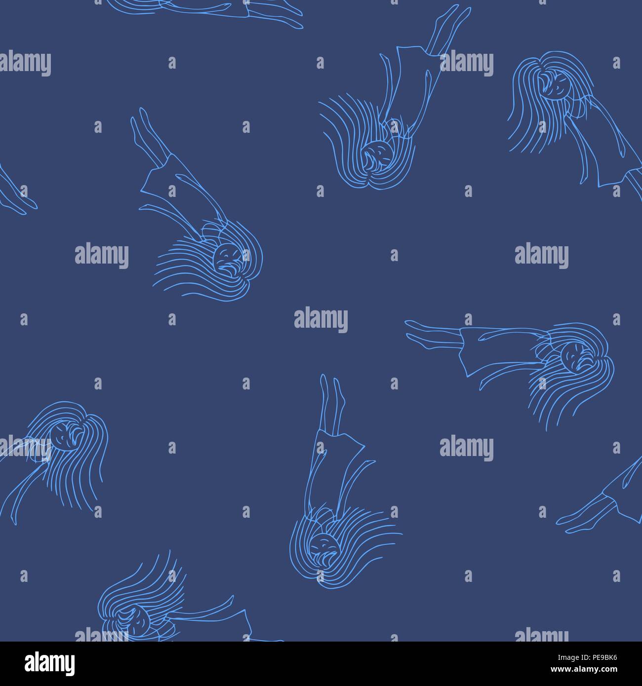 Sketch ghost soul path flying blue girls on dark blue background ...