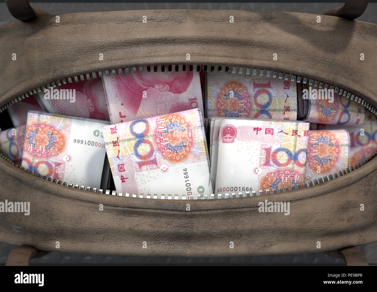 A smuggling concept depicting an open brown leather duffel bag ...