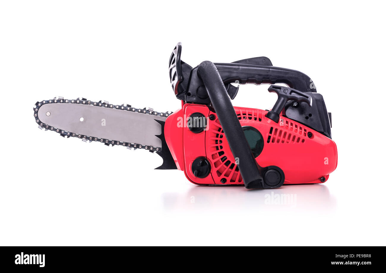 Red Chainsaw isolated on a white background Stock Photo - Alamy