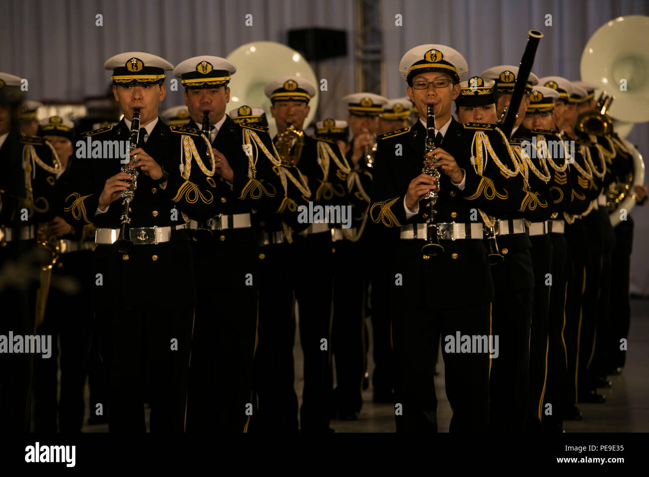 Service members with the Japan Maritime Self-Defense Force Band perform ...