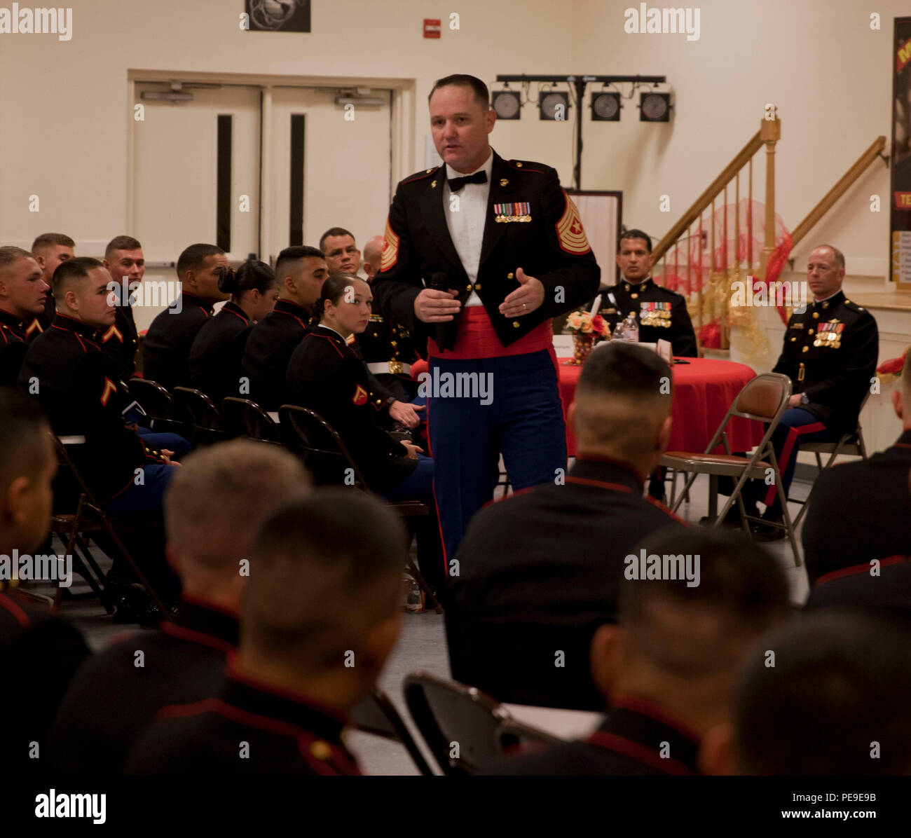 U.S. Marine Corps Sgt. Maj. Daniel J. Warren addresses the students of ...
