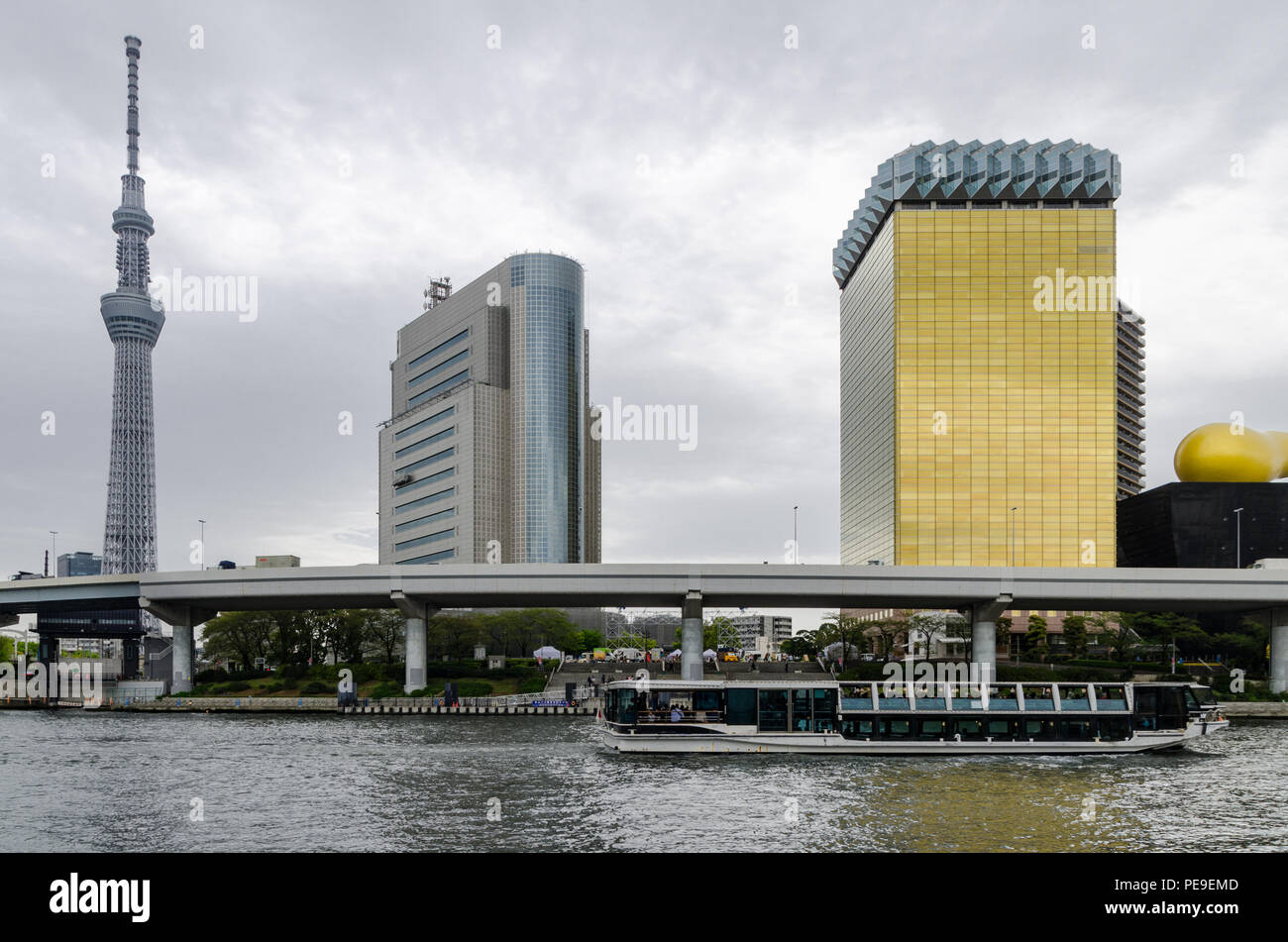 Iconic buildings as seen from Sumida Park, across Sumida River. Those ...