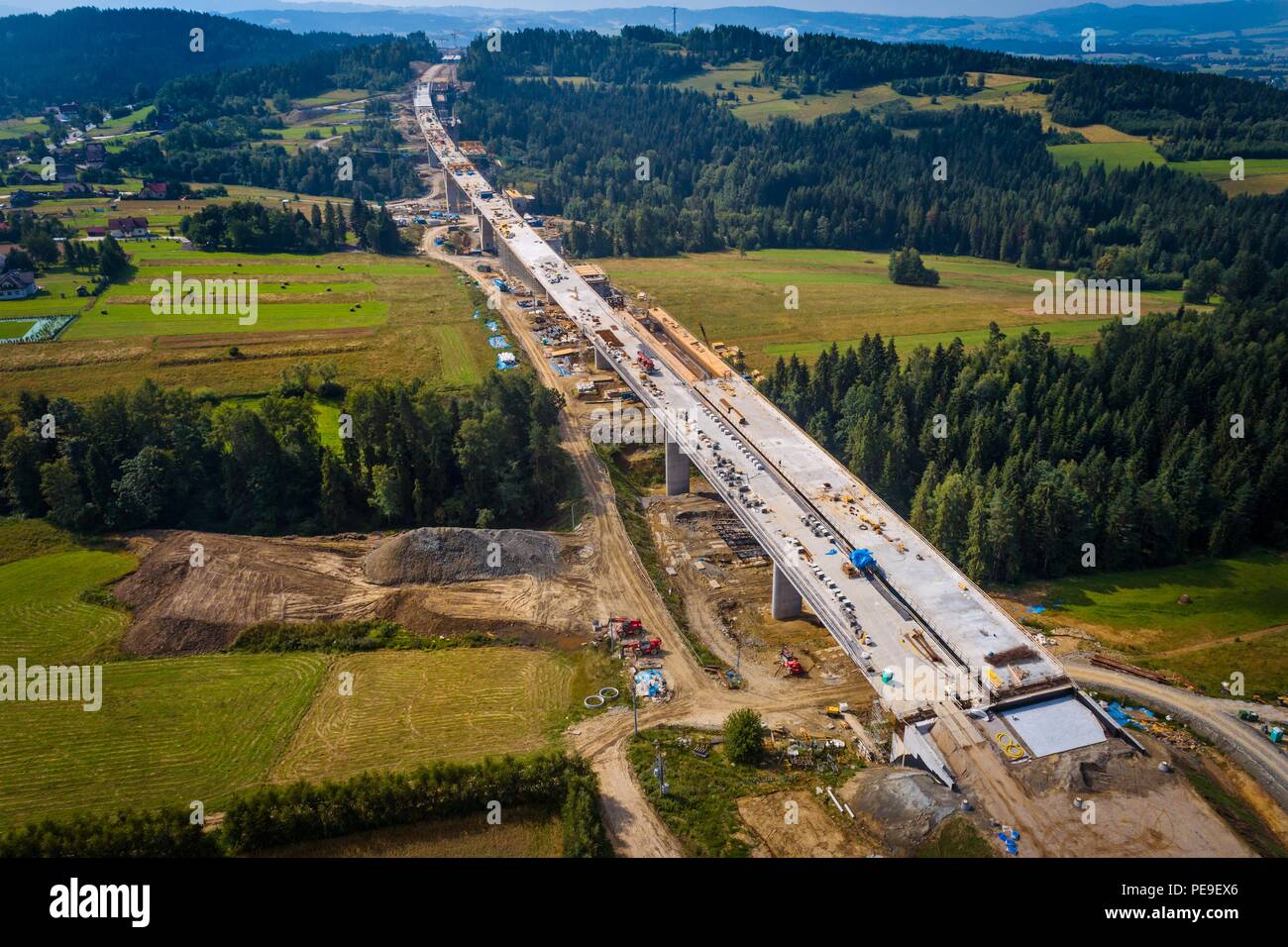 Aerial drone view on highway construction. Road works. Road ...