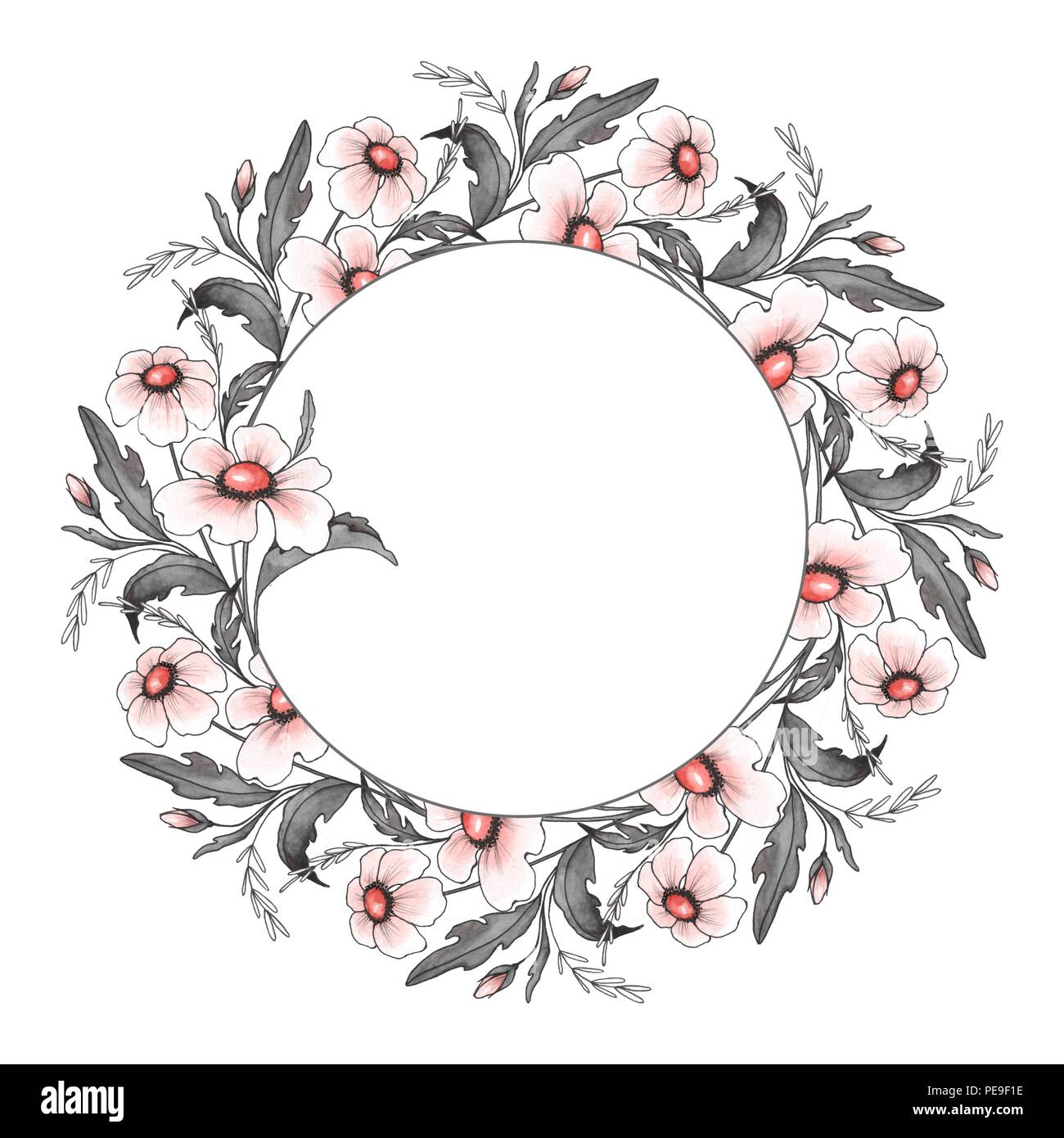 Watercolor floral frame. Element for design. Ink flowers and leaves ...
