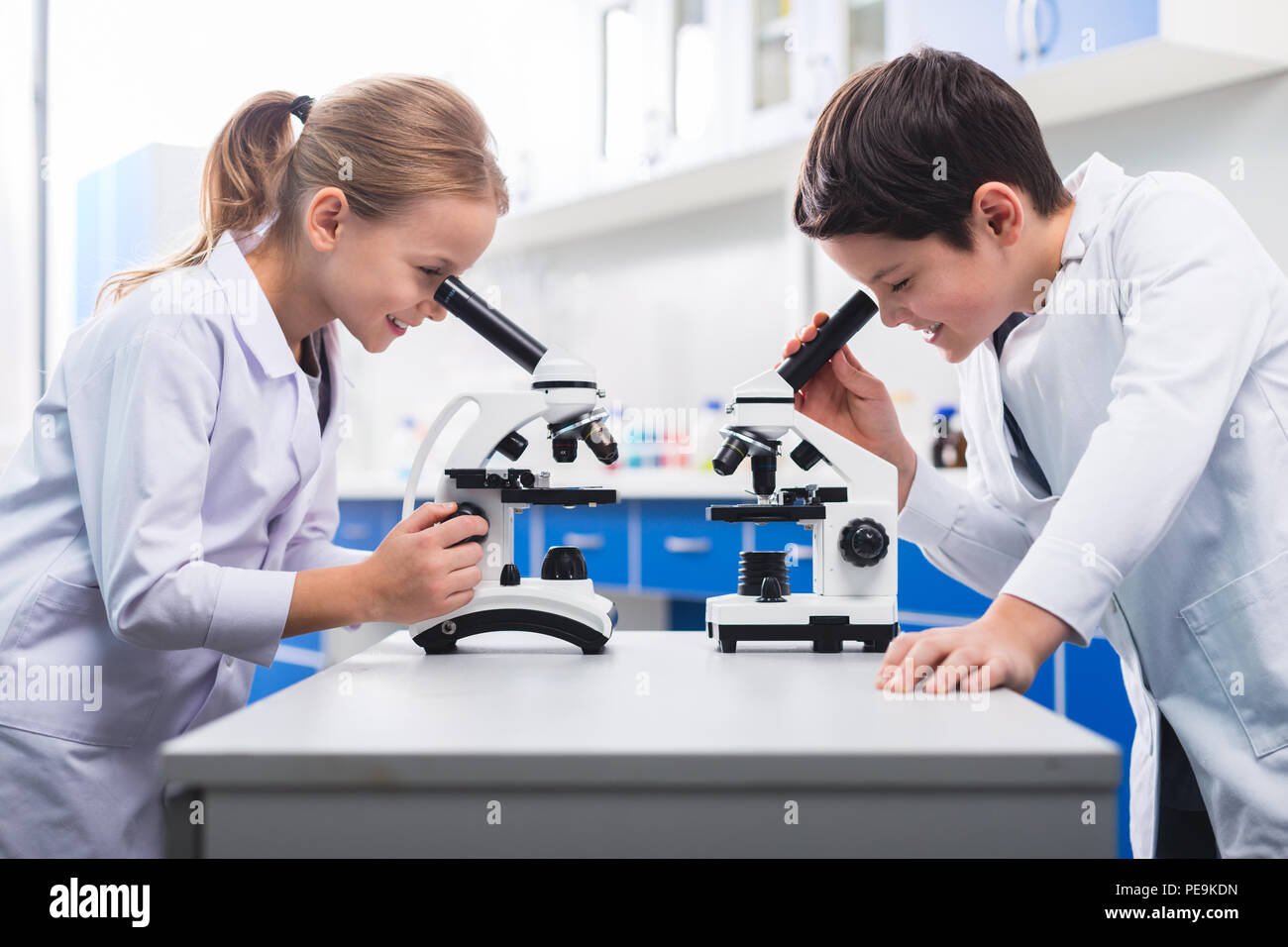 Young scientists. Nice delighted smart children standing opposite each ...