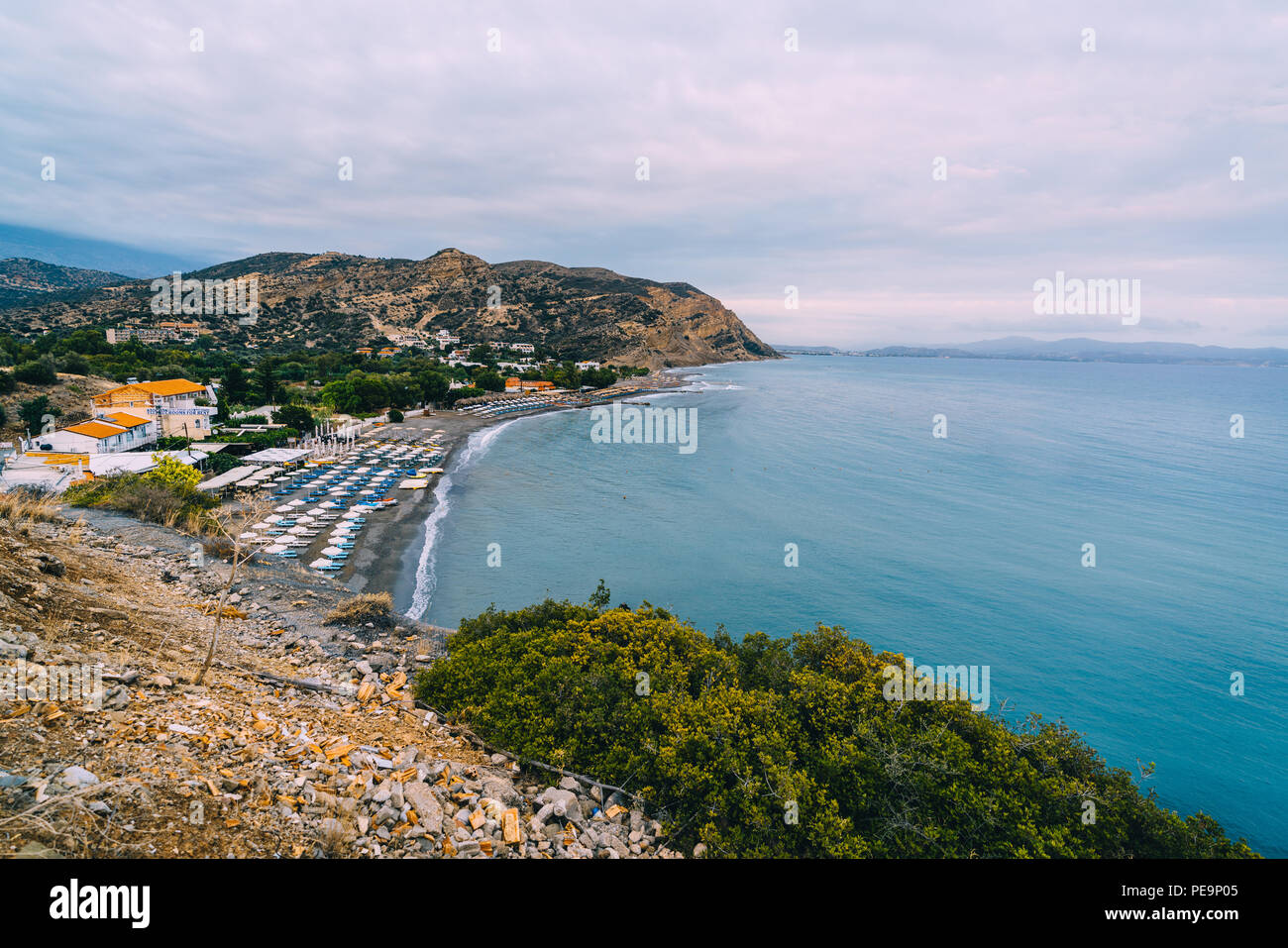Aerial Top Panorama view of Aghia Galini beach at Crete island in ...