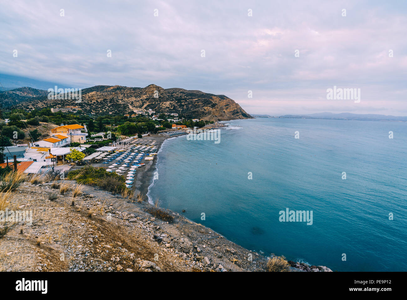 Aerial Top Panorama view of Aghia Galini beach at Crete island in ...