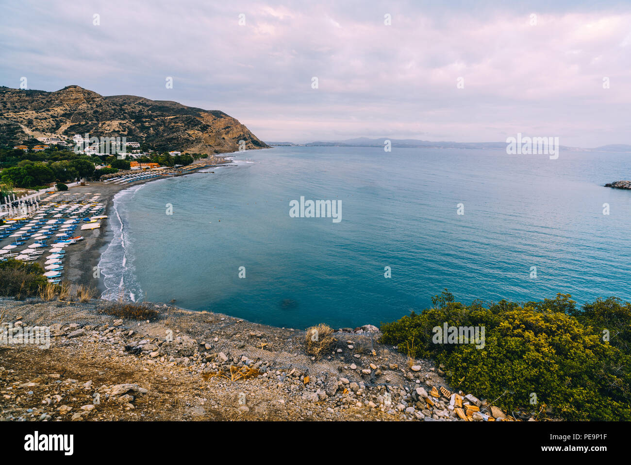 Aerial Top Panorama view of Aghia Galini beach at Crete island in ...