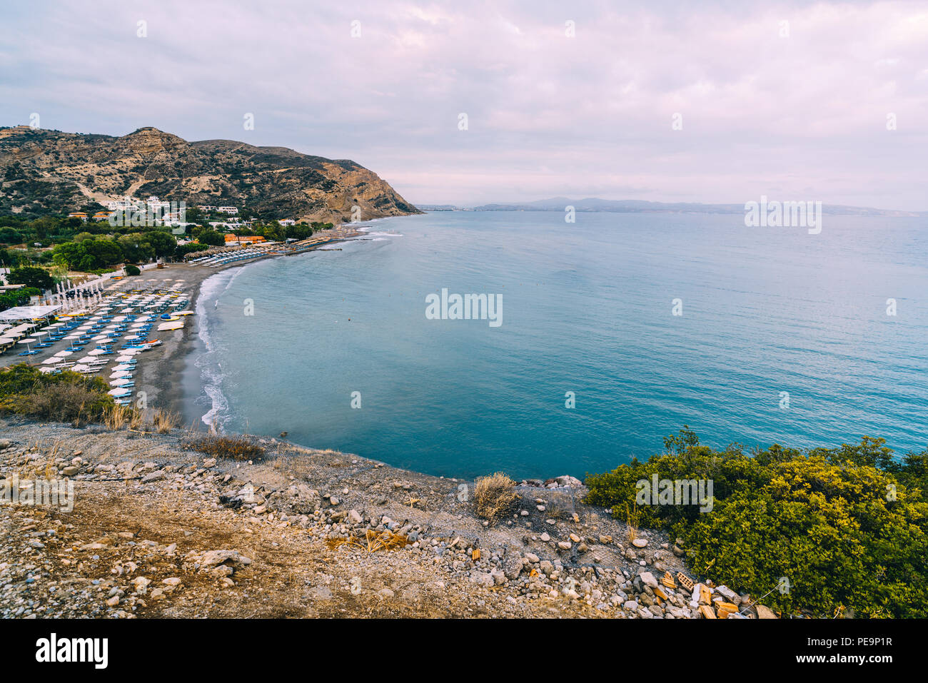 Aerial Top Panorama view of Aghia Galini beach at Crete island in ...