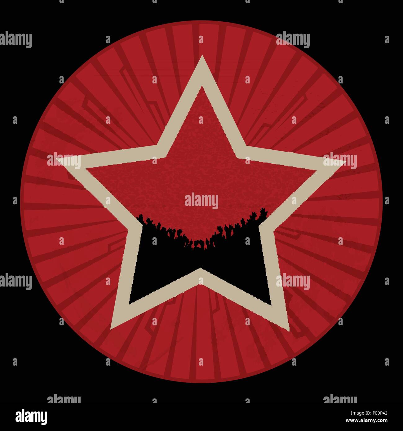 Vintage Red Star with Brown Border and Silhouette Crowd Over Circular ...