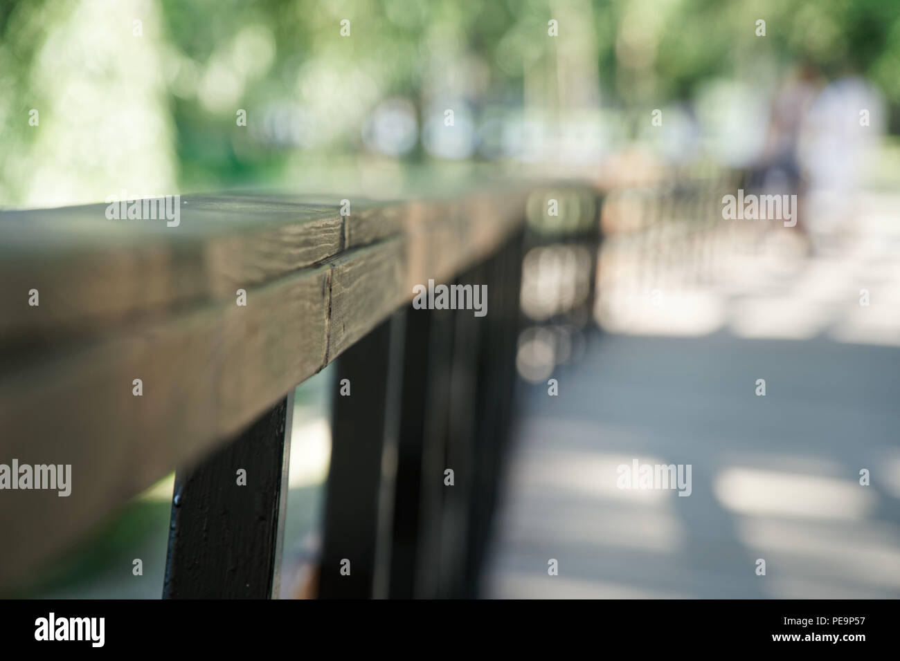 Wooden handrail in Public park with lawn bench and green tree, place ...