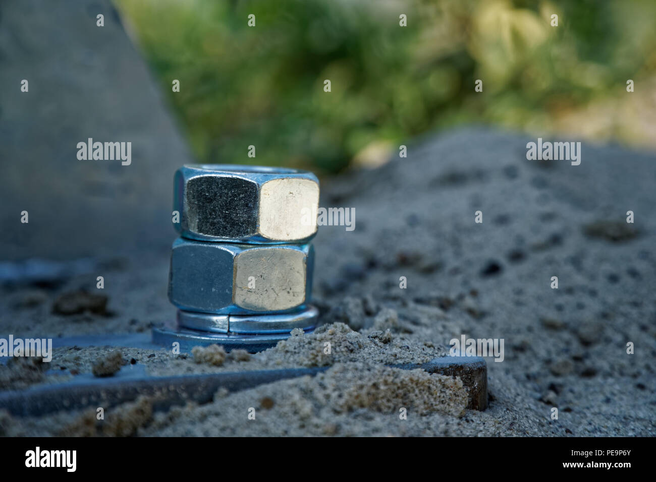 Steel silver bolt fasten iron post, industrial background Stock Photo ...