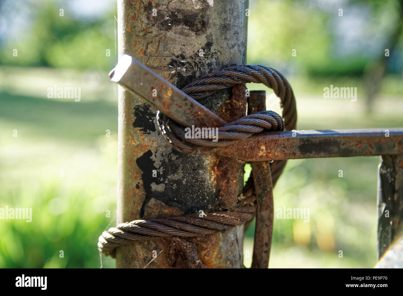 Thick steel rope close up. Bridge fence element. Detailed view. The ...