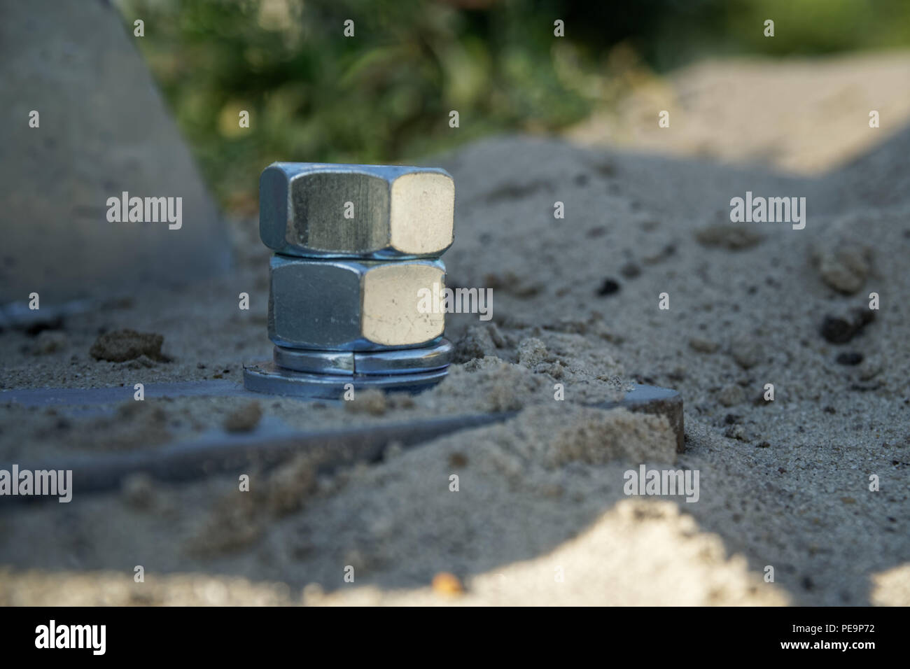 Steel silver bolt fasten iron post, industrial background Stock Photo ...