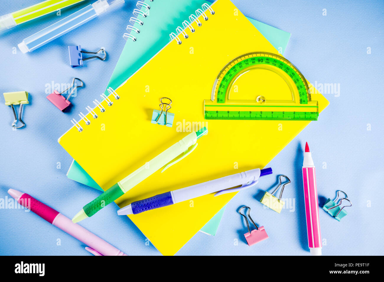 Back to school background, with bright accessories supplies for school ...