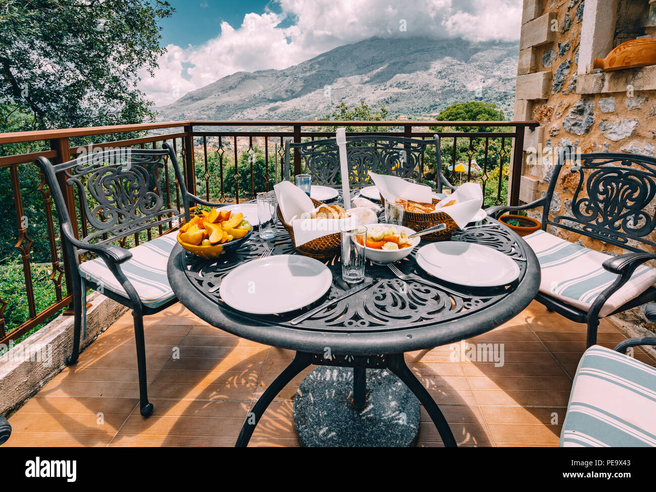 breakfast with fruits, bread, marmalade and cheese Picnic Scene with ...