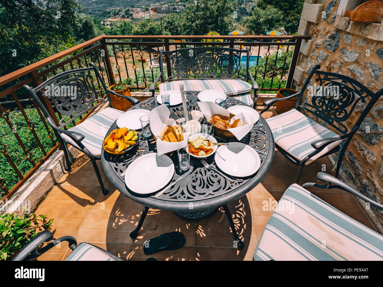 breakfast with fruits, bread, marmalade and cheese Picnic Scene with ...