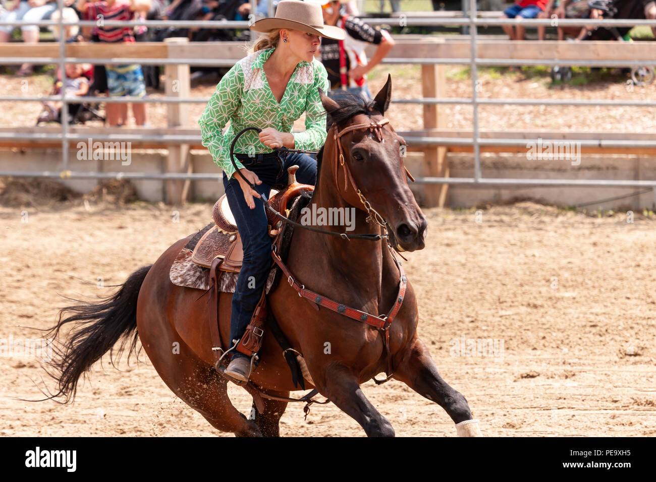 Cowgirls guide their quarterhorses through the Pole Bending course ...
