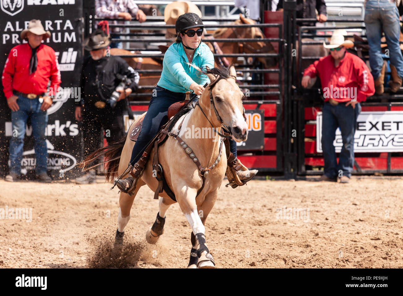 Cowgirls guide their quarterhorses through the Pole Bending course ...